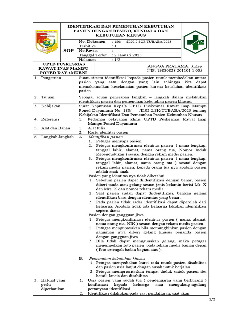 3.1.1. EP.A.2. SOP Identifikasi Dan Pemenuhan Kebutuhan Pasien Dengan Risiko, Kendala, Dan ...