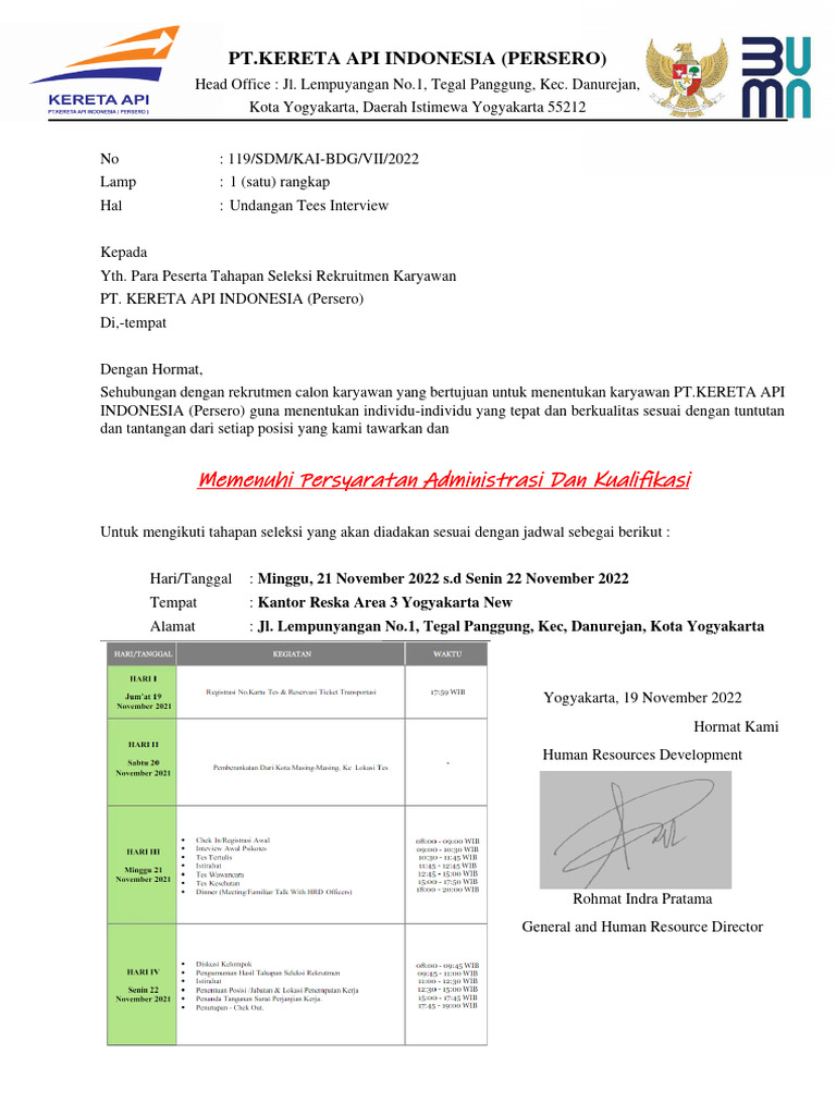 Undangan Tes Interview KAI 2022 | PDF