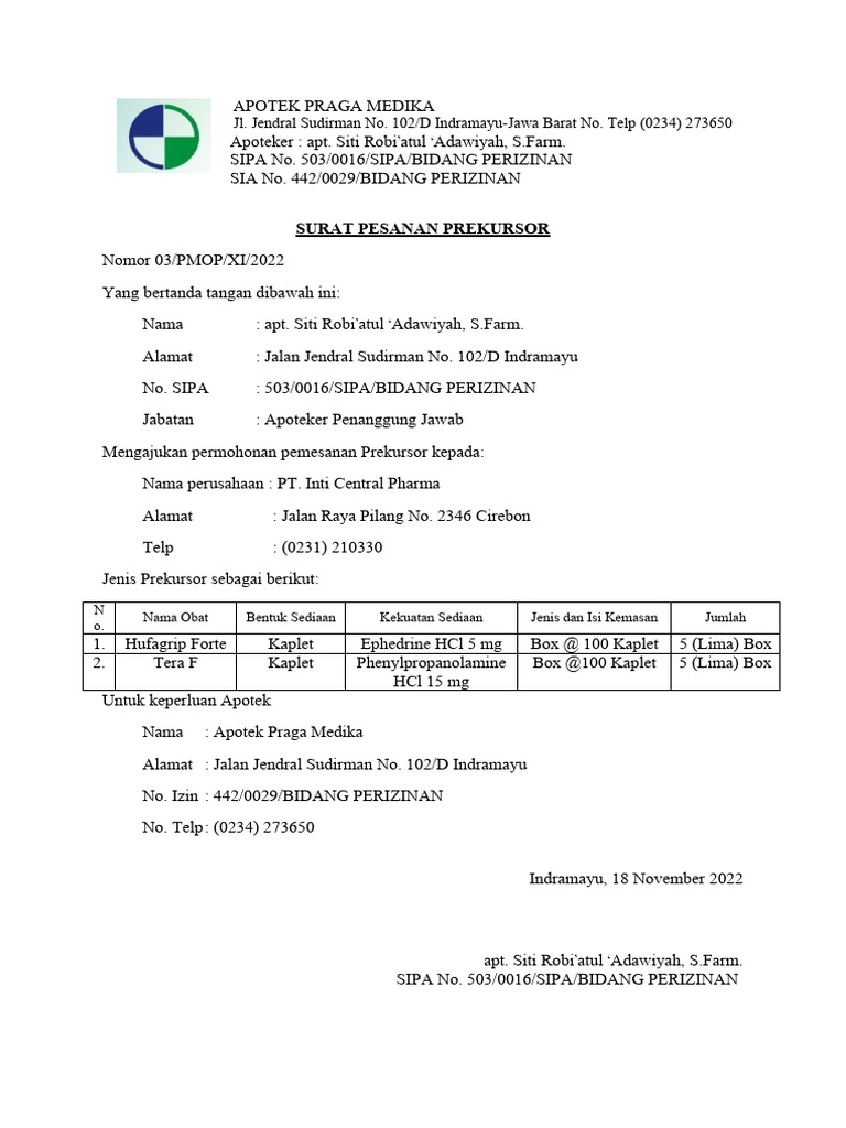 FIX SURAT PESANAN PREKURSOR Apotek Praga HUFAGRIP FORTE DAN TERA F ICP ...