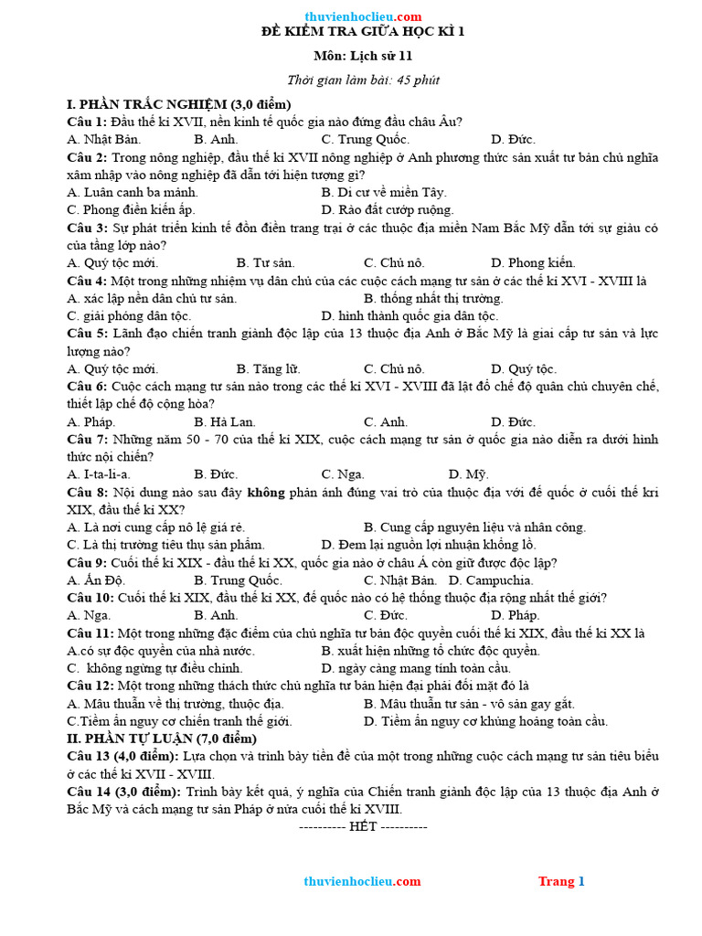 De On Tap Giua HK1 Lich Su 11 KNTT | PDF