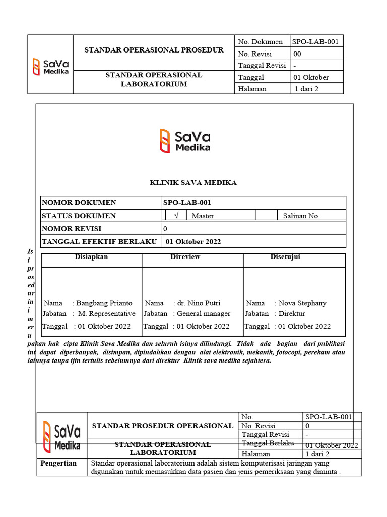 Spo-Lab-001 Standar Operasional Laboratorium | PDF
