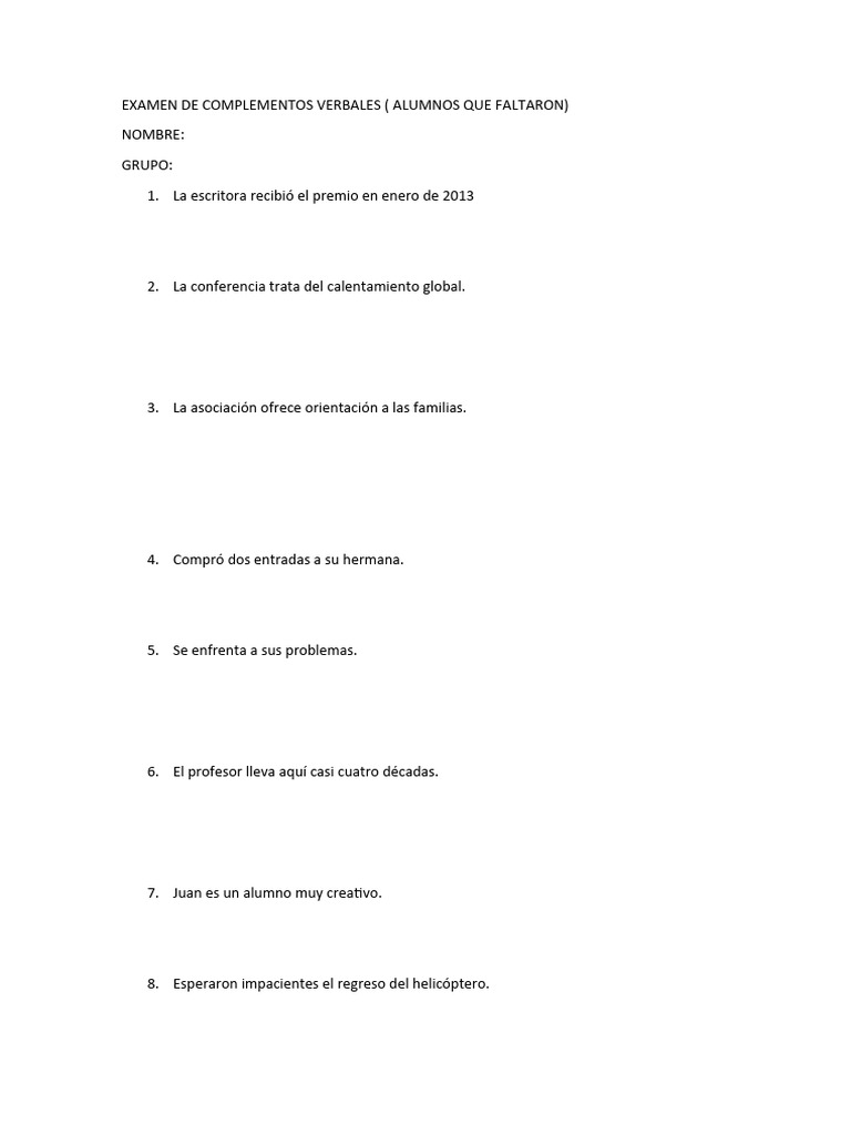 Examen de Complementos Verbales | PDF