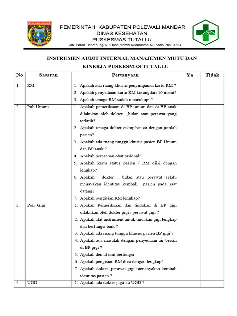 Instrumen Audit Internal PKM TUTALLU 6 | PDF