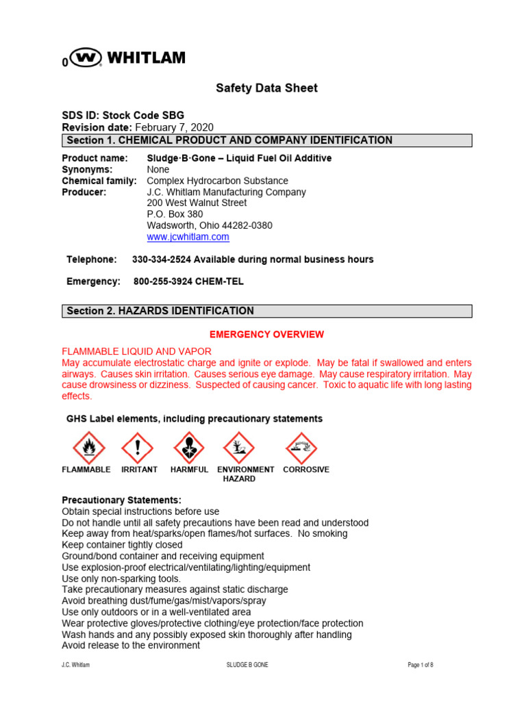 SBG - Sludge-B-Gone Liquid Fuel Oil Additive SDS | Download Free PDF | Firefighting | Toxicity