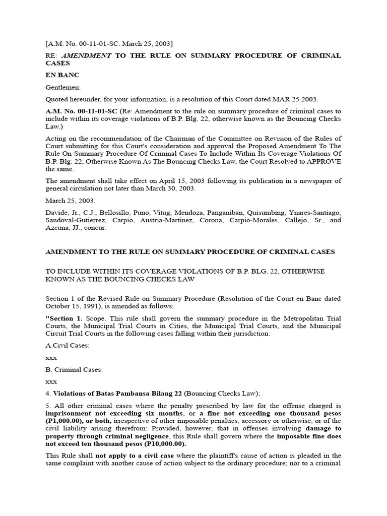 Amendment to Summary Procedure Rules | PDF | Criminal Law | Summary Judgment