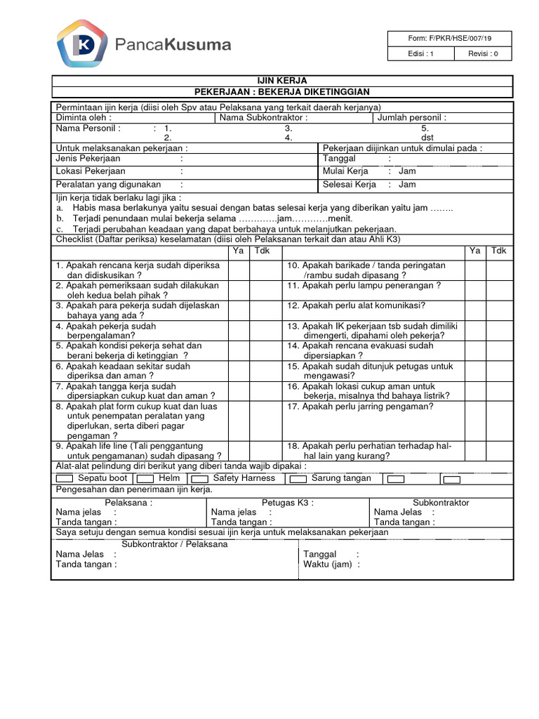 F.PKR.HSE.007.019 Formulir Izin Kerja Di Ketinggian | PDF