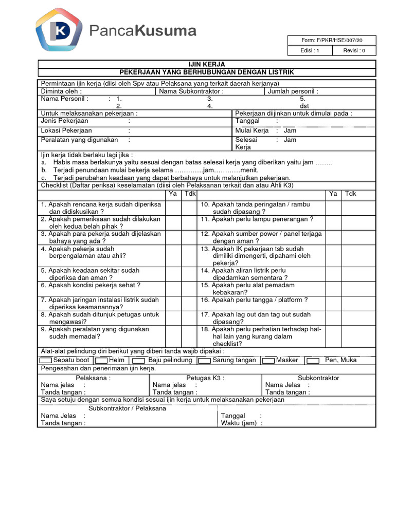 F.PKR - HSE.007.020 Formulir Izin Kerja Listrik | PDF