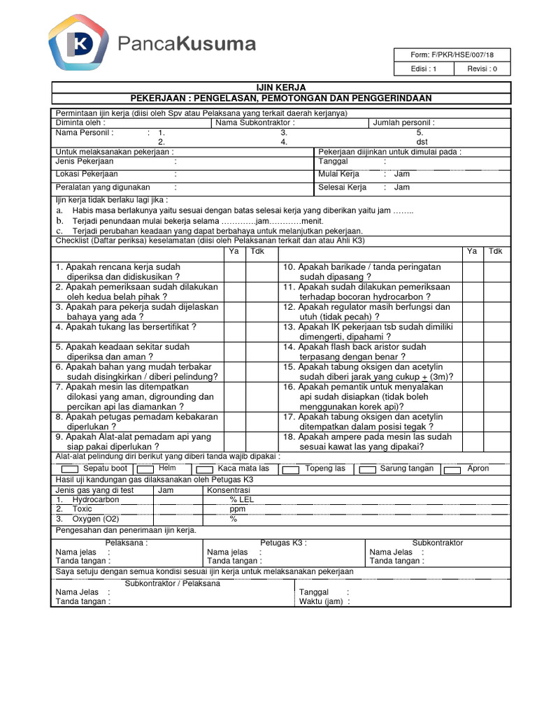 F.PKR - HSE.003 Formulir Izin Kerja Pengelasan | PDF