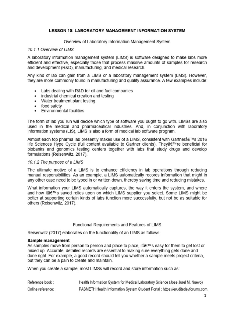 Lesson 10 LIMS | PDF | Laboratories | Health Informatics