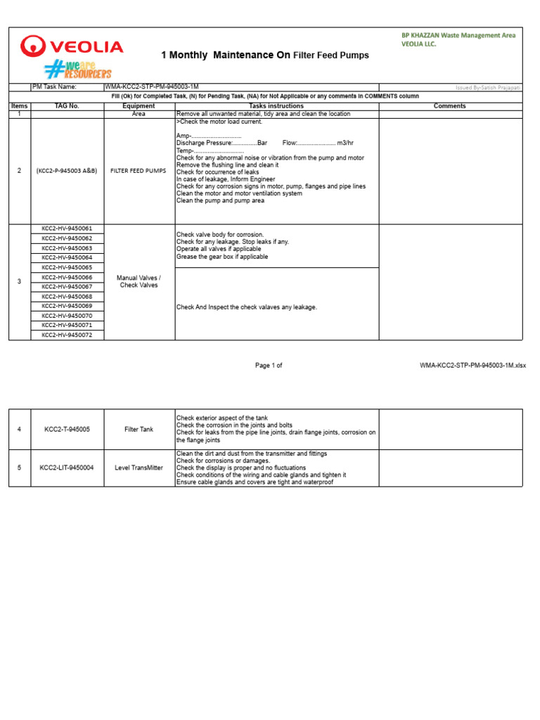 Monthly Maintenance Checklist for Pumps | PDF | Pump | Valve