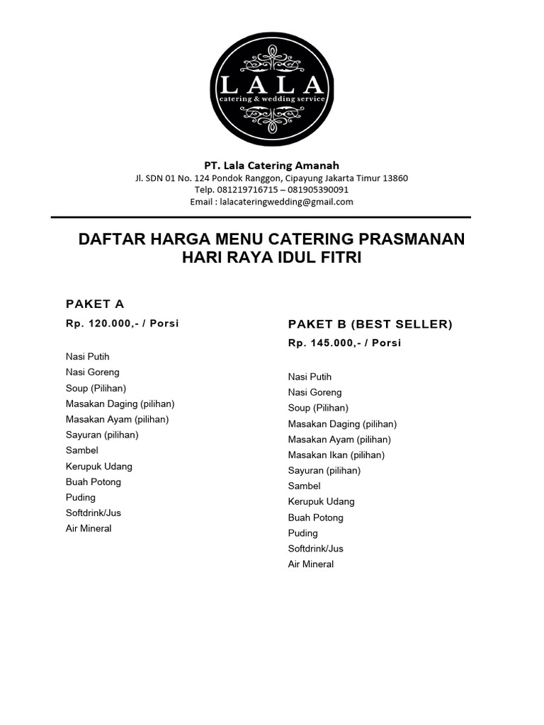 Daftar Harga Menu Catering Prasmanan Lala Catering Hari Raya | PDF
