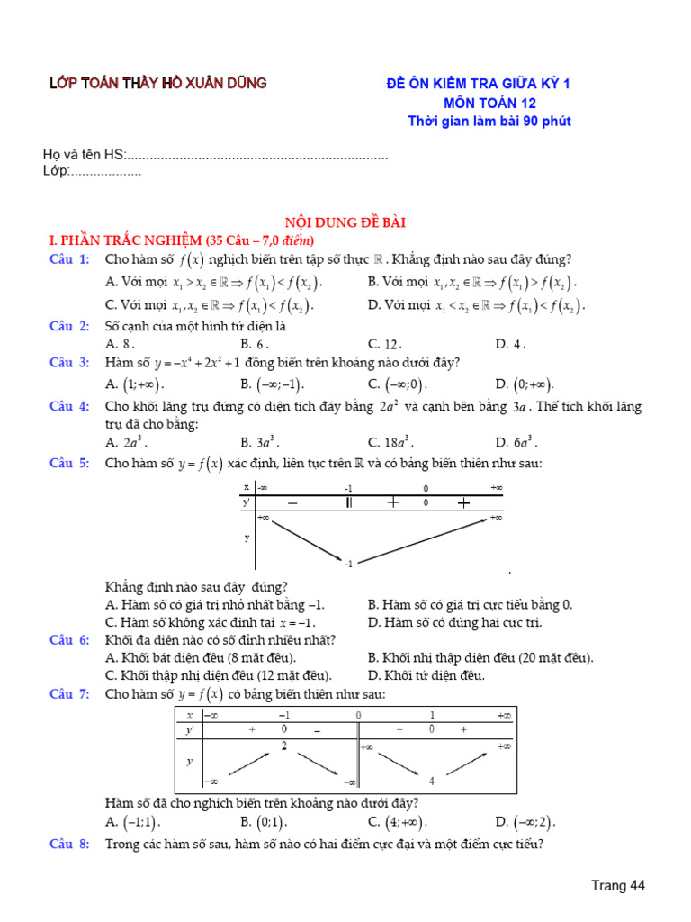 5 de On Giua Ki 1 Toan 12 2021 HS | PDF
