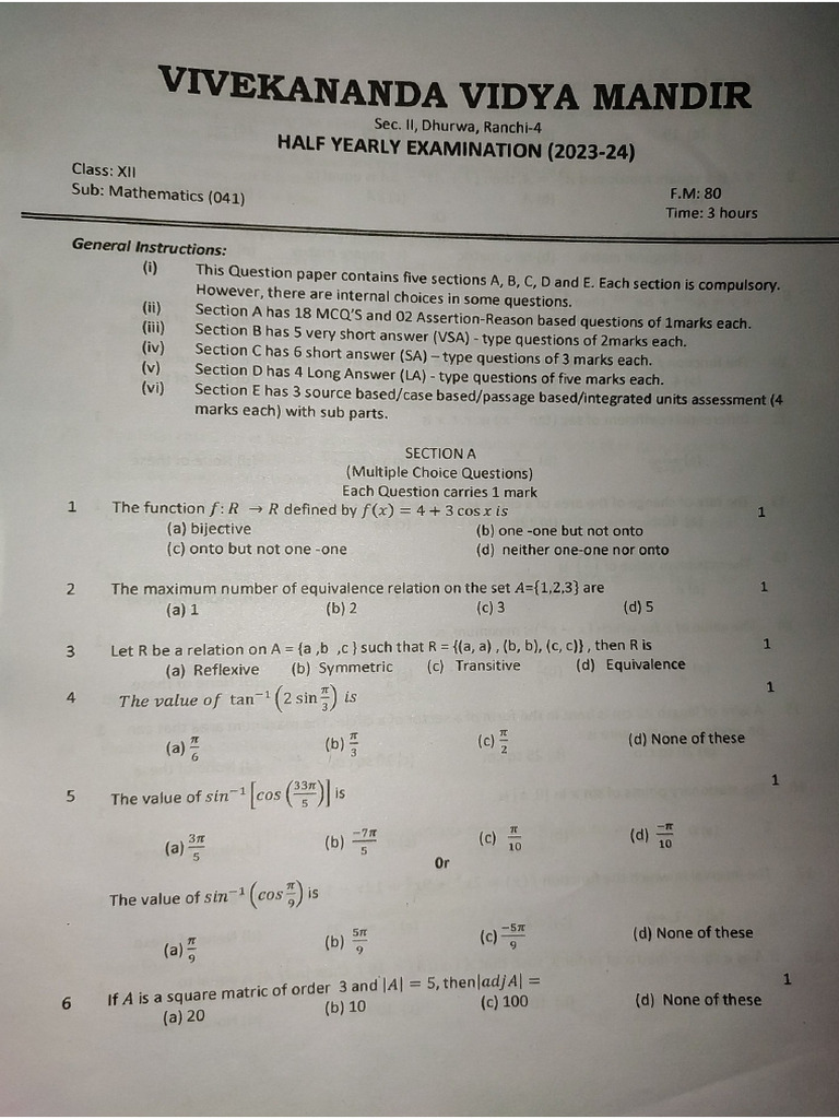Mathematics Question Paper | PDF