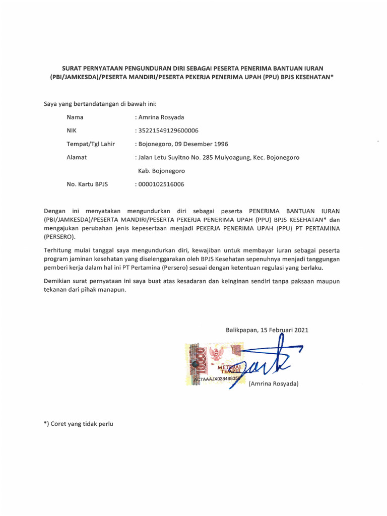 Contoh Surat Pengunduran Diri Kepesertaan BPJS PBI, Mandiri, PNS, PPU DLL | PDF