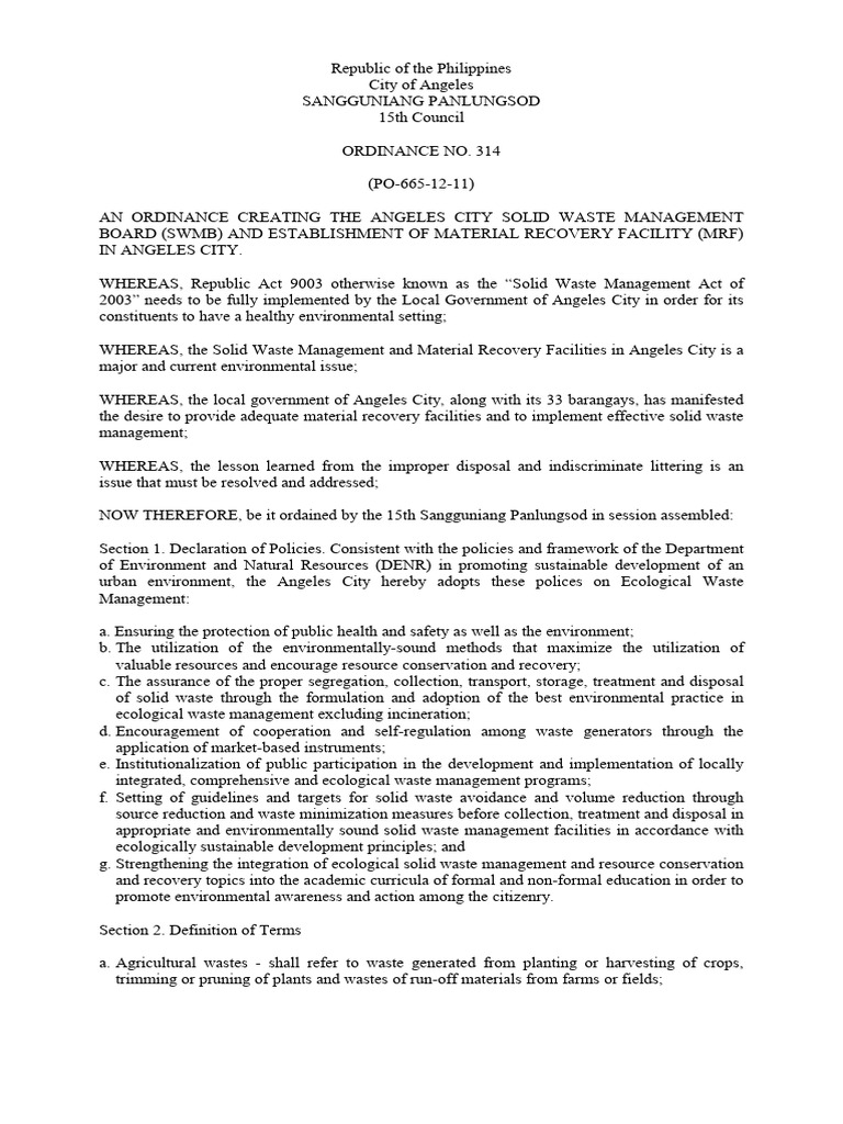 City Ordinance 314 Solid Waste MGMT | PDF | Municipal Solid Waste | Waste Management