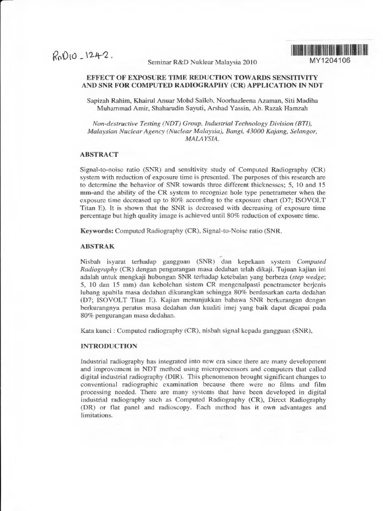 Effect of Exposure Time Reduction Towards Sensitivity and SNR For CR Application in NDT ...