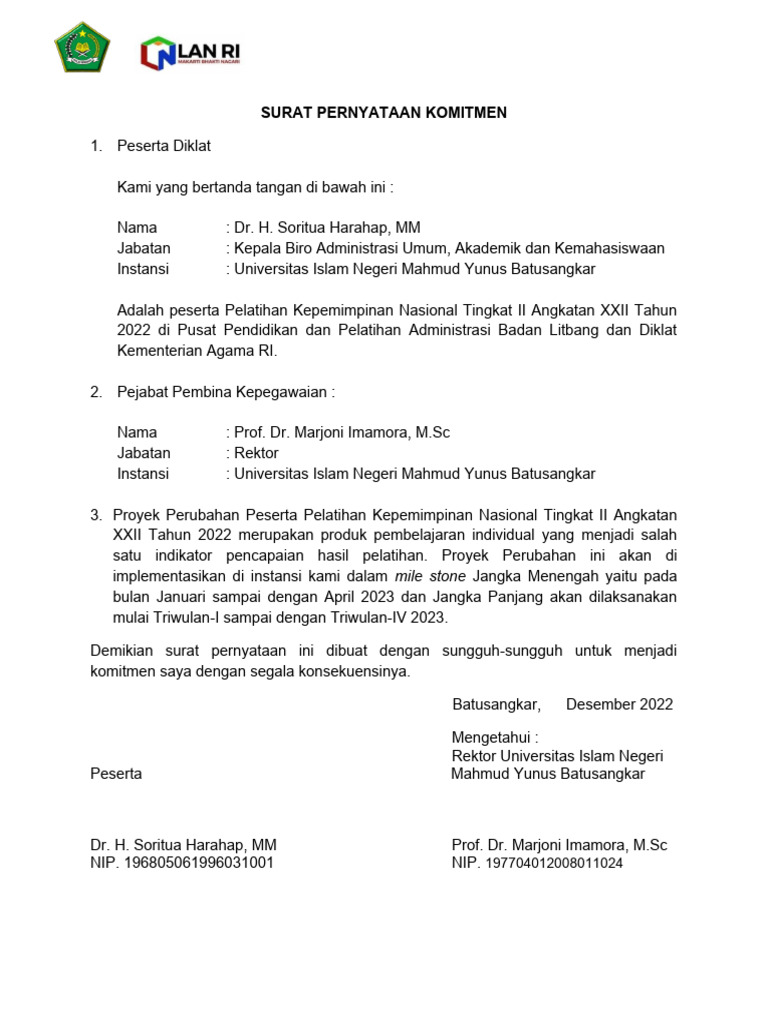 Surat Pernyataan Komitmen Pembina Kepegawaian Kabiro | PDF | Karier & Perkembangan ...