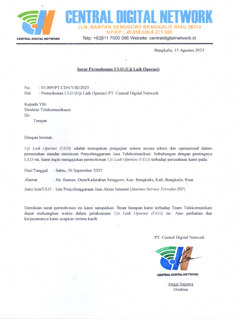 Surat Permohonan Ulo Pt. Central Digital Network | PDF