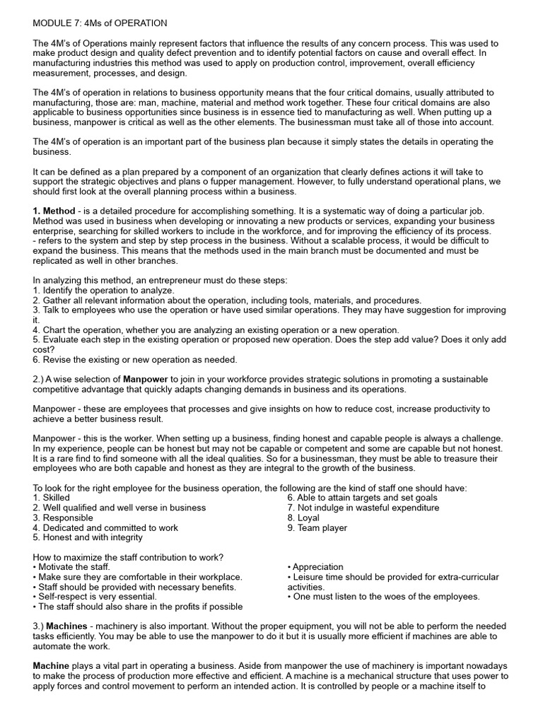 MODULE 7-4Ms of Operation | PDF | Lean Manufacturing | Business Process