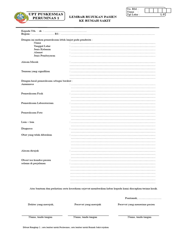 Form Rujukan Pasien Ke RS | PDF