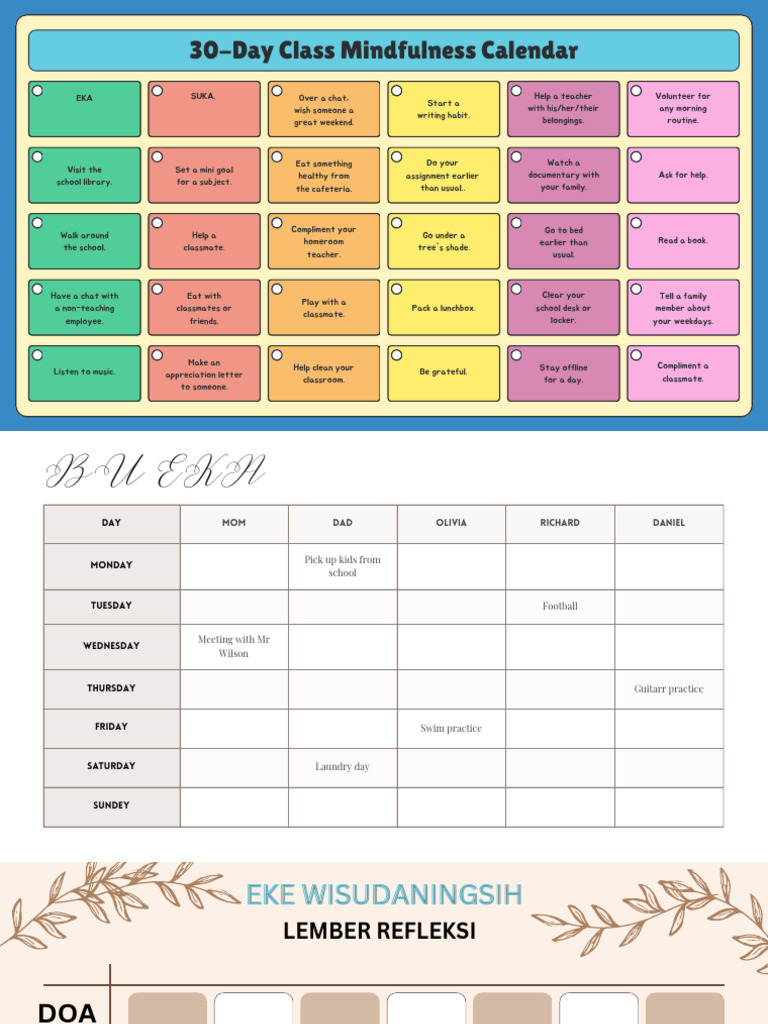 Colorful Cute 30-Day Class Mindfulness Challenge Calendar | PDF