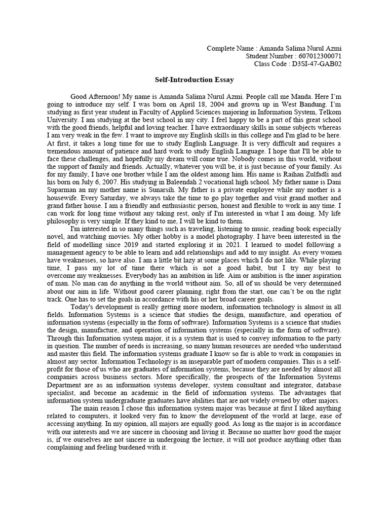 Amanda Salima - 607012300071 - Self-Introduction Essay | PDF | Information | Cognitive Science
