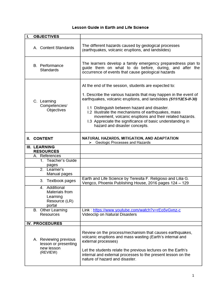 Lesson Guide in Earth and Life - Geologic Hazards | PDF | Landslide ...