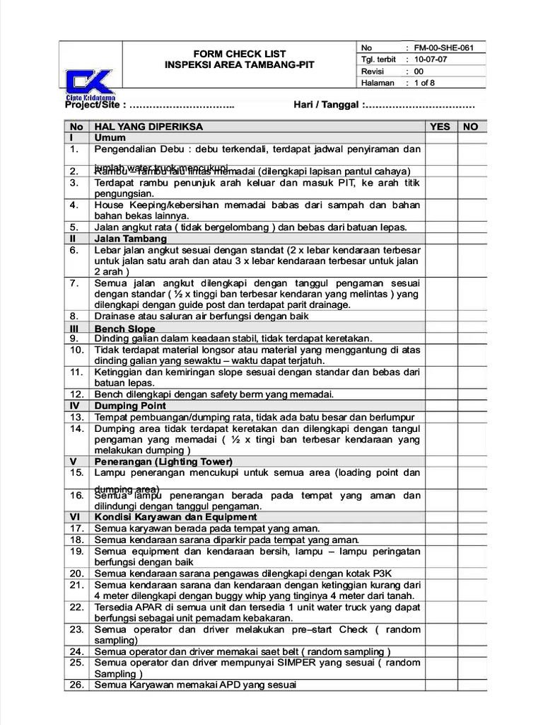 PDF Form No FM 00 She 061 Inspeksi Tambang Pit Rev 0 - Compress | PDF