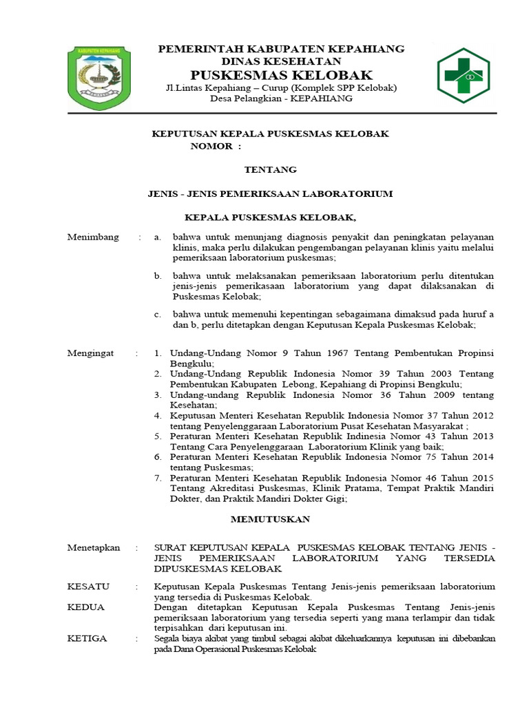 8.1.1.1 SK Jenis2 Pemeriksaan Laboratorium KLB | PDF