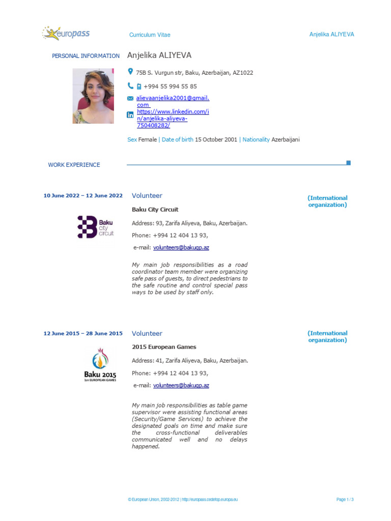 Anjelika Aliyeva CV | PDF | Azerbaijan