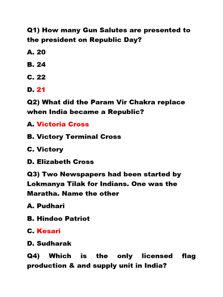 Republic Day Quiz | PDF | South Asia | Indian Independence Movement