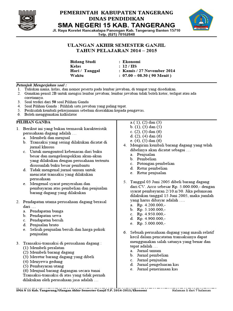 Soal UAS Ekonomi Kelas XII IIS Tahun 2014 | PDF