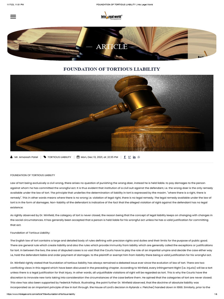 Foundation of Tortious Liability - Into Legal World | PDF | Tort ...