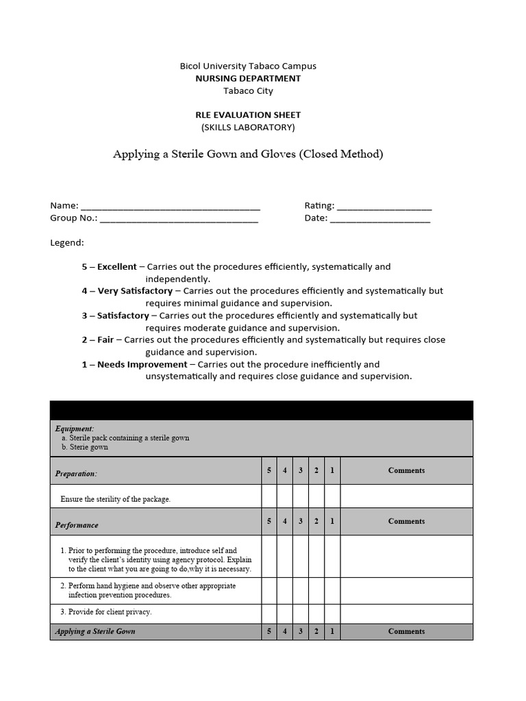 CHECKLIST Applying Sterile Gown and Gloves CLOSED | PDF | Clothing