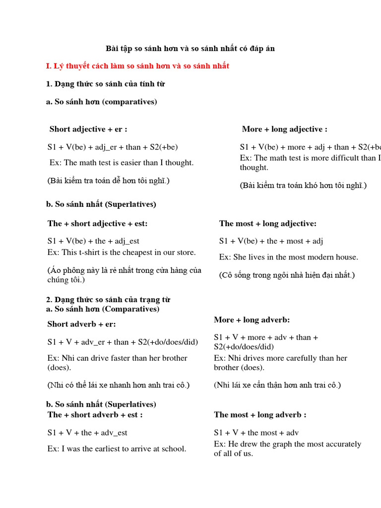 50 Bai Tap So Sanh Hon Va So Sanh Nhat Co Dap An | PDF