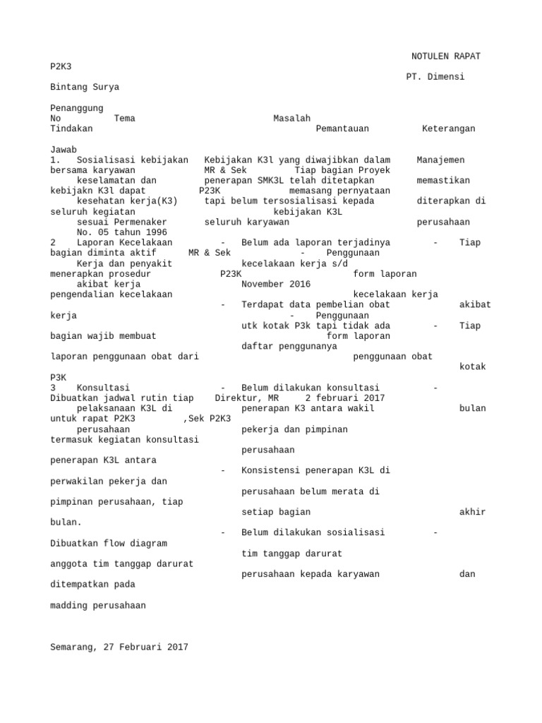 Notulen Rapat P2K3 PT. Dimensi Bintang Surya | PDF