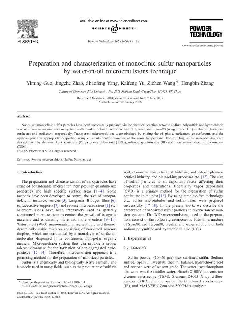 Preparation and Characterization of Monoclinic Sulfur Nanoparticles by ...