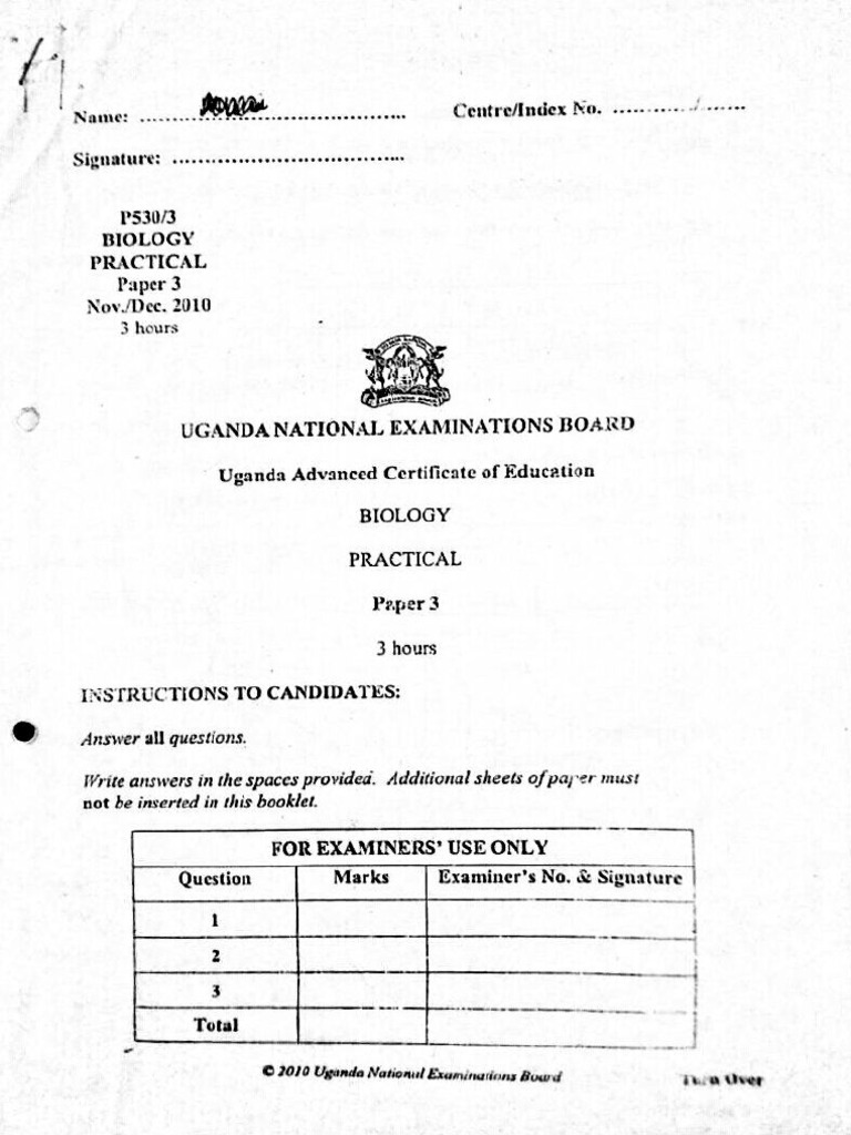 Uace Biology Practical Uneb 2010 Marking Guide 2010 | PDF