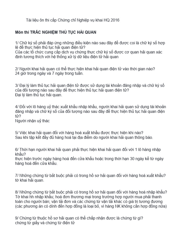 Trac Nghiem Thu Tuc Hai Quan | PDF