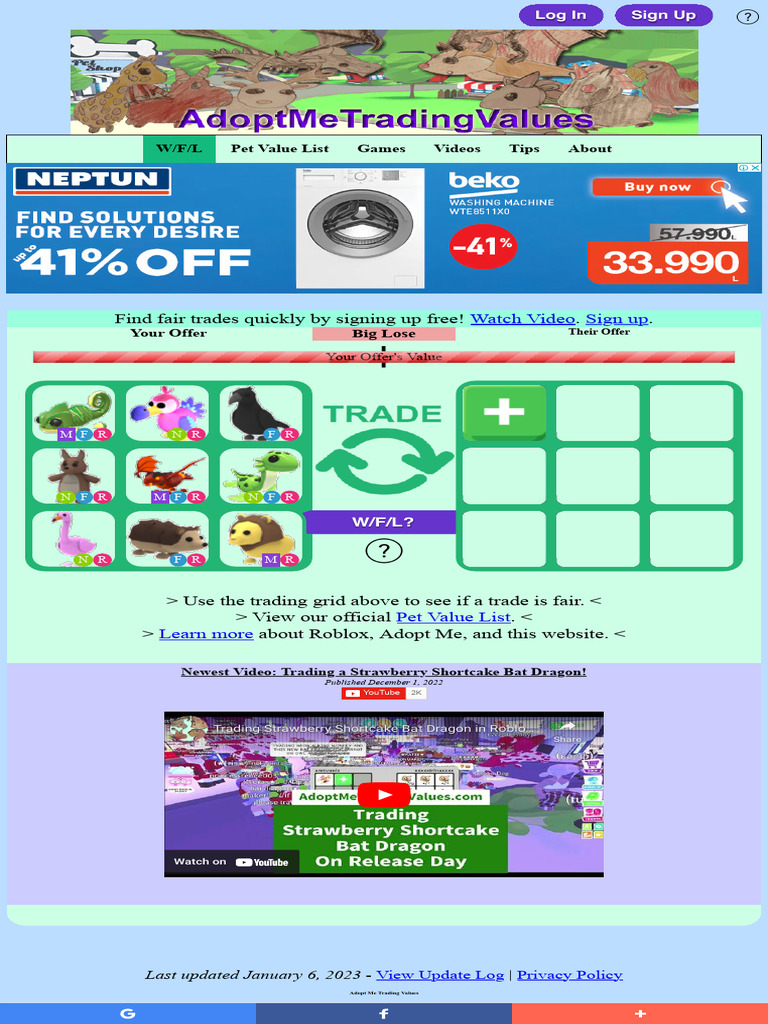 Roblox Adopt Me Trading Values - Win Fair Lose WFL | PDF