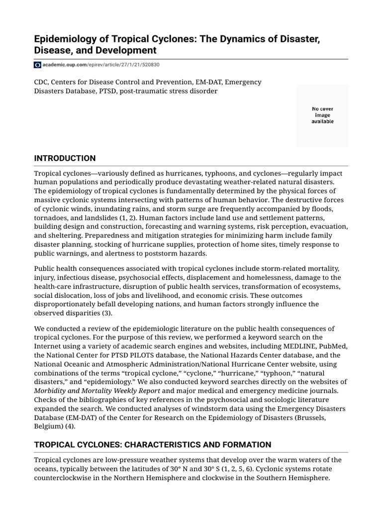 Epidemiology of Tropical Cyclones - The Dynamics of Disaster, Disease, and Development ...