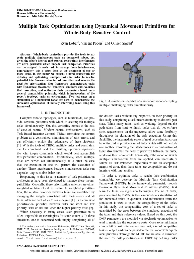 2014 Multiple Task Optimization Using Dynamical Movement Primitives For Whole Body Reactive