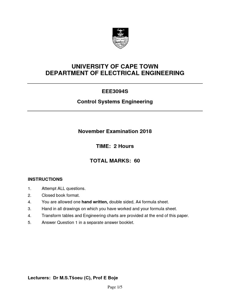 EEE3094S Exam Nov 2019 | PDF | Control Theory | Systems Theory