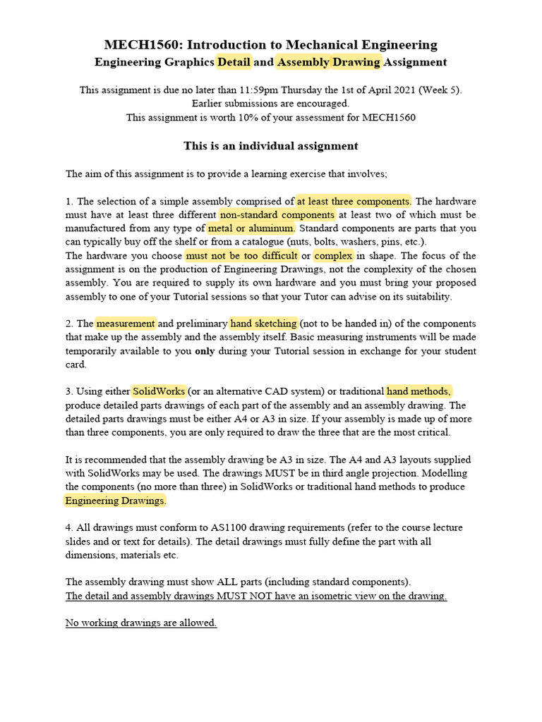 MECH1560 Engineering Graphics Detail and Assembly Drawing Assignment 12032021 | PDF | Drawing