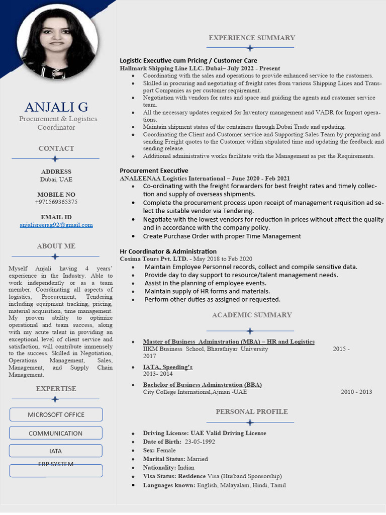 Anjali G CV | PDF | Logistics | Procurement