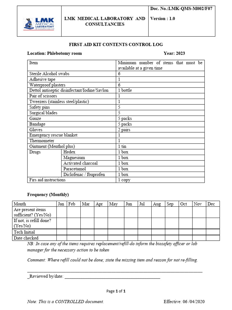 Phlebotomy Room First Aid Kit Checklist | PDF | Clinical Medicine ...
