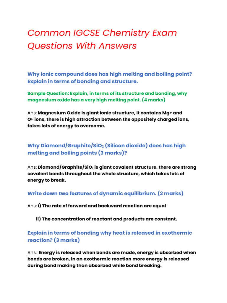 Chemistry Important Questions | PDF | Chemical Reactions | Chemical Bond