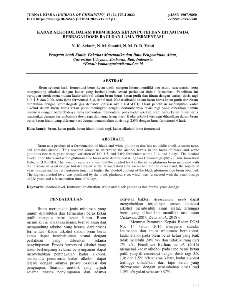 Kadar Alkohol Dalam Brem Beras Ketan Putih Dan Hitam Pada Berbagai Dosis Ragi Dan Lama ...