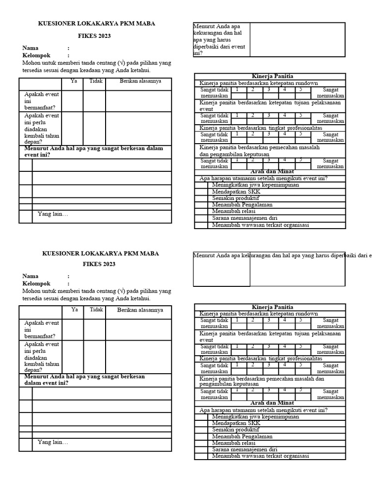 Kuesioner Lokakarya PKM MABA | PDF | Karier & Perkembangan | Bisnis