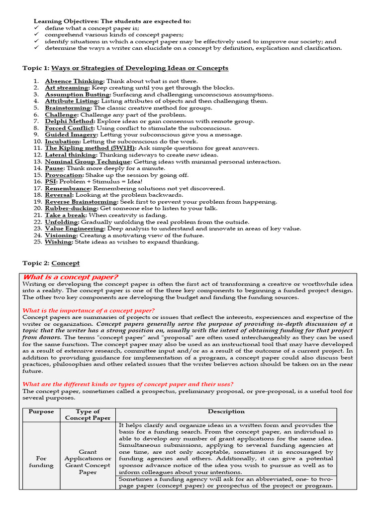 Understanding Concept Papers and Strategies | PDF | Goal | Methodology